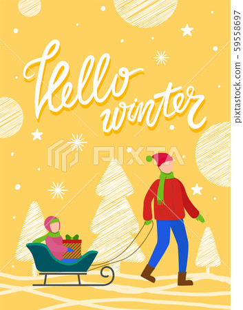Father Rides Kid on Sled, Hello Winter Postcard - Stock Illustration ...