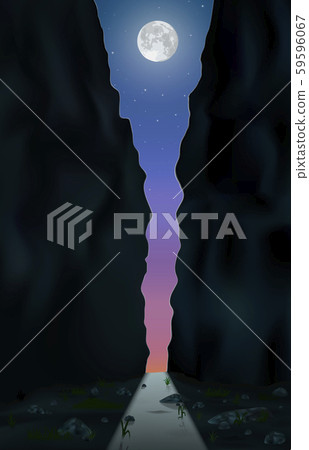 Moon between mountains at dawn. Pink, purple, - Stock Illustration ...
