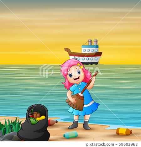 Cartoon happy litttle girl cleaning the beach - Stock Illustration ...
