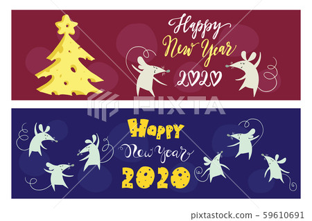 Hand drawn New year 2020 banners with rats and... - Stock Illustration ...