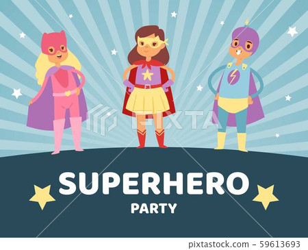 Superhero kids in costumes party vector... - Stock Illustration ...