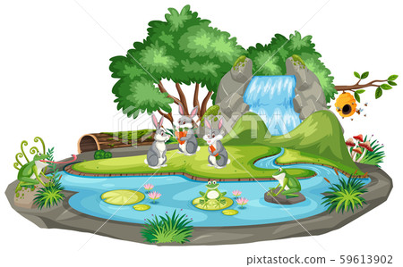 Background scene of rabbits by the waterfall - Stock Illustration ...