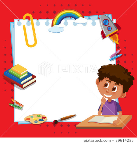Frame template design with boy reading book - Stock Illustration ...