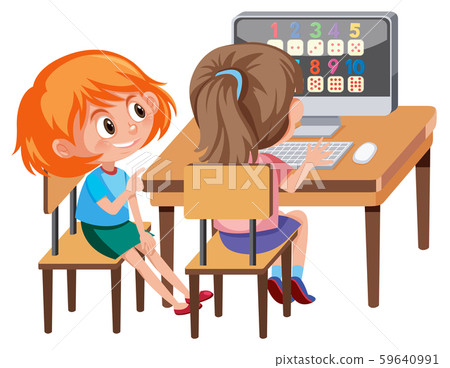 Girl learning math on computer - Stock Illustration [59640991] - PIXTA