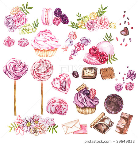 Watercolor sweets collection. Hand drawn... - Stock Illustration ...
