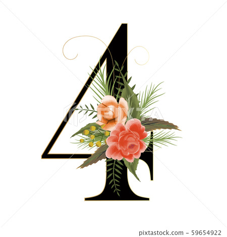 Number 4 watercolor flowers and leaves hand drawn - Stock Illustration ...