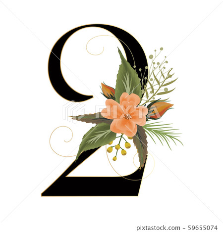 Number floral 2 with watercolor roses and leaves - Stock Illustration ...