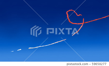 Red and white heart-shaped contrails and blue... - Stock Illustration ...
