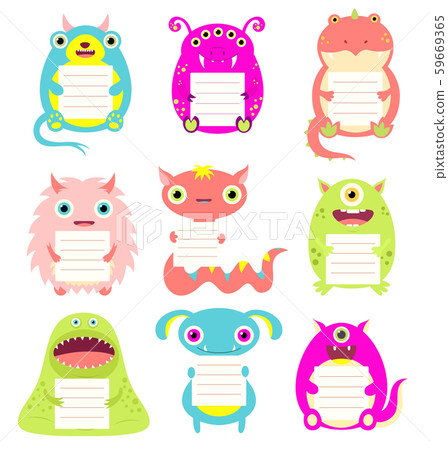 Set of cute cartoon monsters with memo pads - Stock Illustration ...