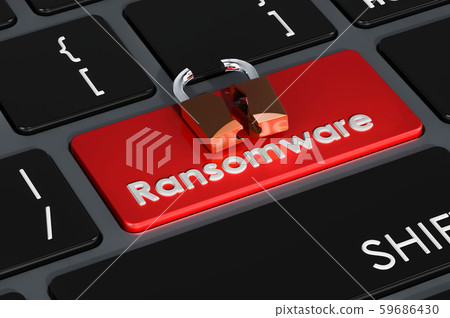 Ransomware red button on keyboard, 3D rendering - Stock Illustration ...