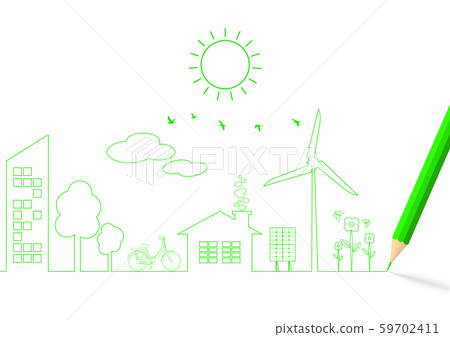 Green pencil drawing green earth environmental... - Stock Illustration ...