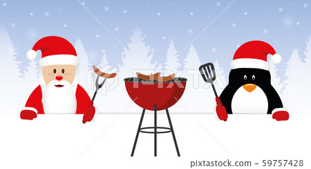 cute santa claus and penguin at christmas bbq - Stock Illustration ...