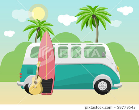 Retro bus with surfboard on the tropical beach.... - Stock Illustration ...
