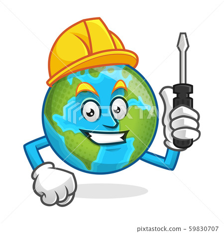 Worker earth mascot wearing hard hat and holding - Stock Illustration ...