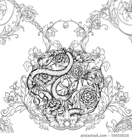 Roses and snake. Seamless pattern, background. - Stock Image - Everypixel