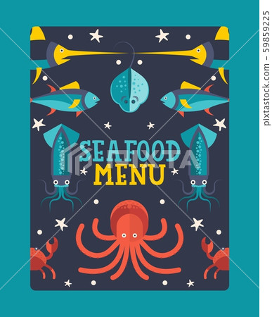 Seafood menu cover, vector illustration. Fish,... - Stock Illustration ...