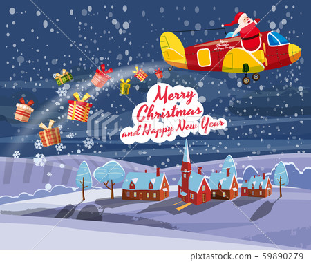 Santa Claus flying on retro airplane delivering... - Stock Illustration ...