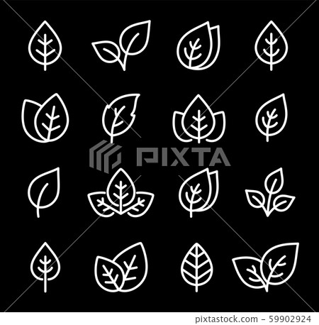set of white leaf line icons on black background - Stock Illustration ...