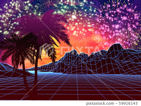Vaporwave landscape with rocks and palms - Stock Illustration [59916143 ...