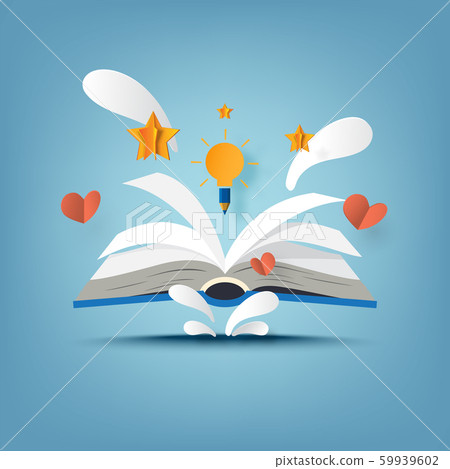 Open book and creative learning with light bulb... - Stock Illustration ...