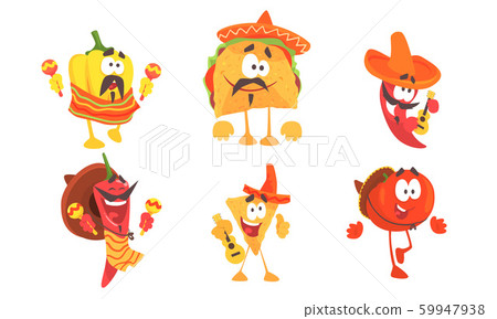 Cartoon mexican food in poncho and sombrero.... - Stock Illustration ...