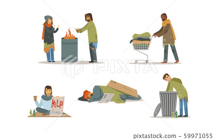 Homeless People Characters Vector Set. Poverty... - Stock Illustration ...