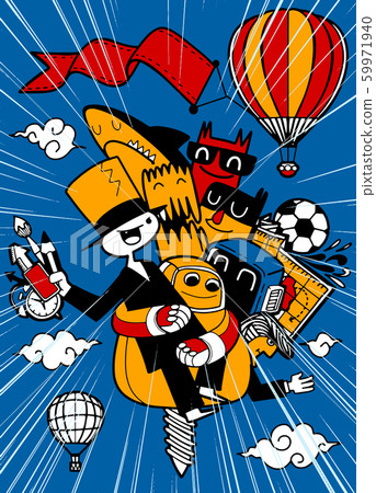 A group of fun cartoon characters are flying back - Stock Illustration ...