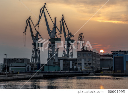 High Cranes At Sunset In Harbor Docks Of Pula... - Stock Photo ...