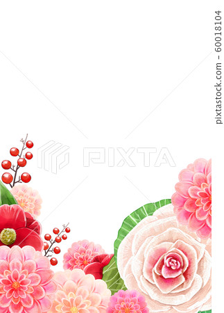 Camellia leaf peony dahlia Nanten postcard - Stock Illustration ...