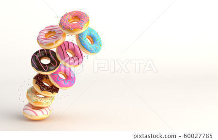 Donuts in motion falling on white background.... - Stock Illustration ...