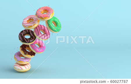 Donuts in motion falling on blue background.... - Stock Illustration ...
