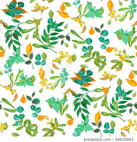 Seamless pattern with leaves, flowers and berries, - Stock Illustration ...