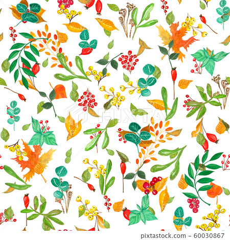 Seamless pattern with leaves, flowers and berries, - Stock Illustration ...