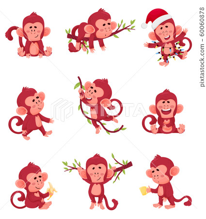 Set Of Funny Red Monkeys In Different Actions... - Stock Illustration ...