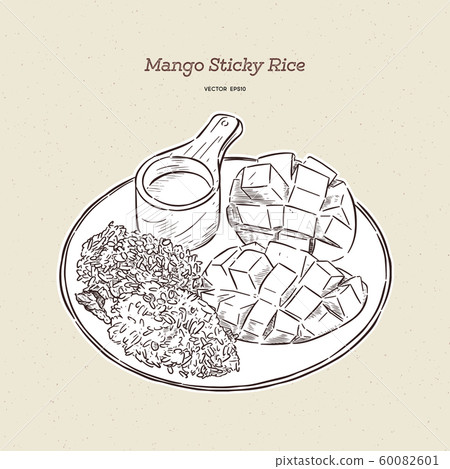 Thai Sweet Sticky Rice with Mango, hand draw - Stock Illustration ...