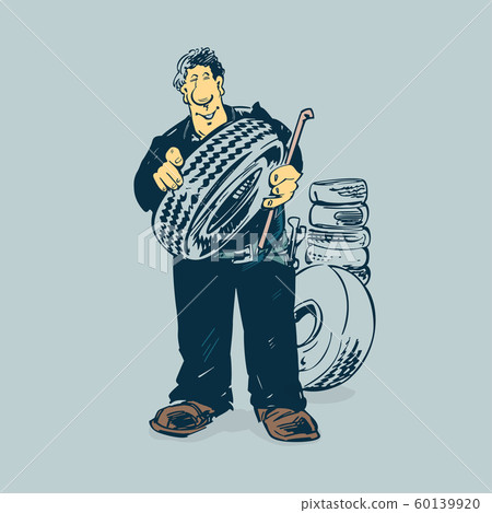 mechanic tireman hold tire cartoon Illustration... - Stock Illustration ...