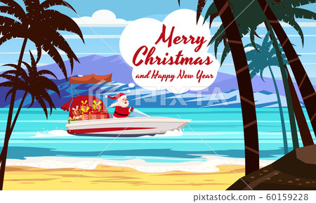 Merry Christmas Santa Claus on speed boat on... - Stock Illustration ...
