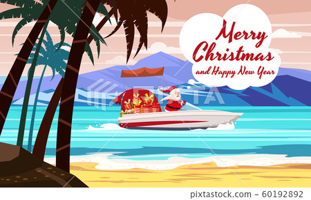 Merry Christmas Santa Claus on speed boat on... - Stock Illustration ...