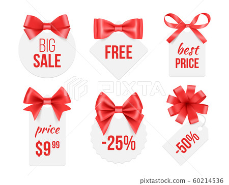 Tags with ribbons. Promo badges with red and... - Stock Illustration ...