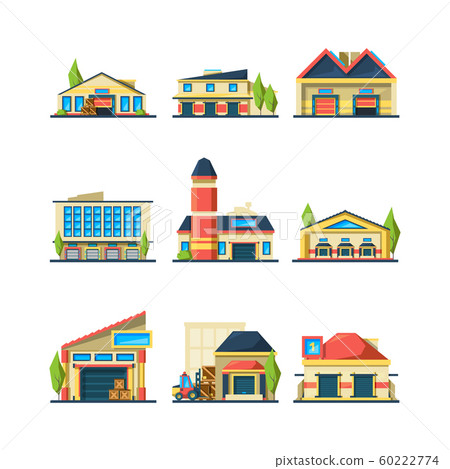 Warehouse. Flat facade buildings of store or... - Stock Illustration ...