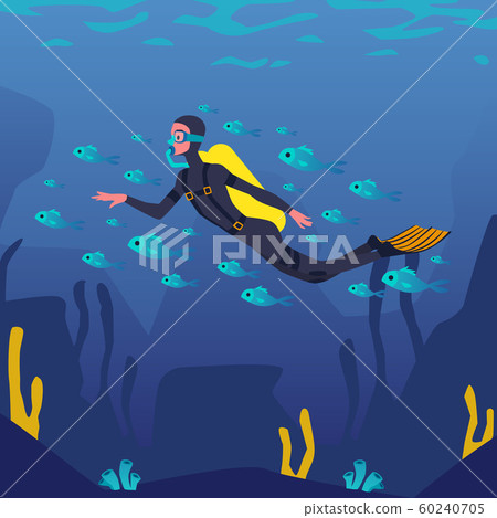 Cartoon diver swimming underwater surrounded by... - Stock Illustration ...