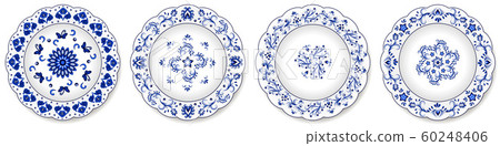 Set of blue porcelain plates, floral pattern - Stock Illustration ...