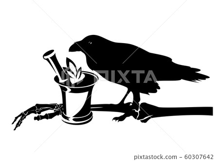 witch raven bird cooking potion and skeleton... - Stock Illustration ...