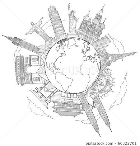 Around the world travel famous landmark doodle art - Stock Illustration ...