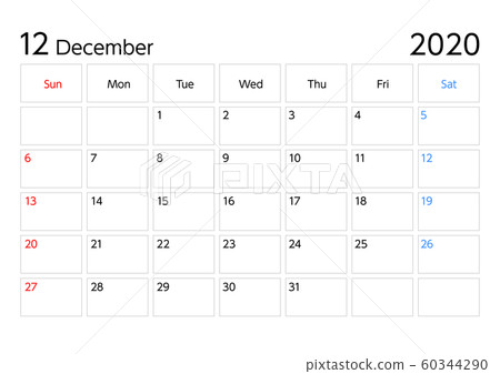 December 2020 calendar Sun starts A4 ratio... - Stock Illustration ...