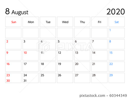 August 2020 calendar Sun starts A4 ratio landscape - Stock Illustration ...