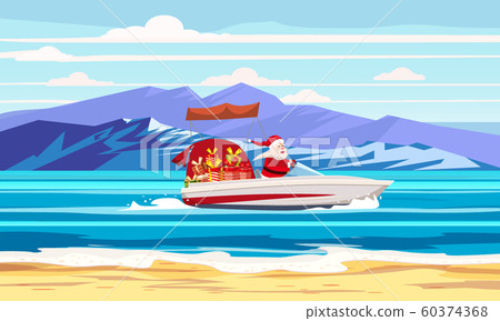 Merry Christmas Santa Claus on speed boat on... - Stock Illustration ...