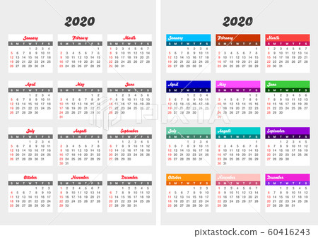 Colorful year 2020 Calendar set, week starts on - Stock Illustration ...