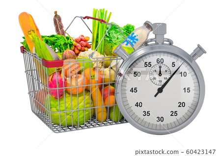 Shopping basket full of products with stopwatch - Stock Illustration ...