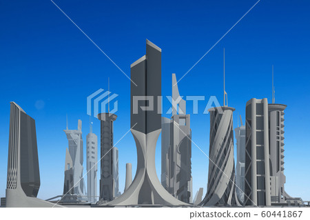Futuristic City against the blue sky 3D... - Stock Illustration ...